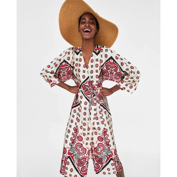 Zara | Dresses | Zara Paisley Printed Wrap Robe Style Midi Dress White ...